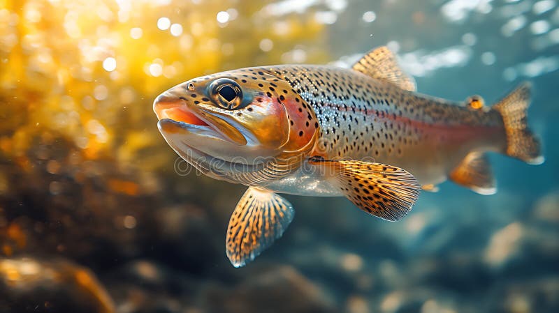A Rainbow Trout Swims in a Freshwater Stream with Sunlight Shining ...