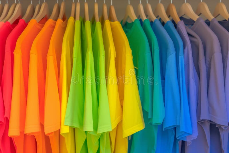 Rainbow of Tshirts on Hangers in a Neat Row Stock Photo - Image of ...