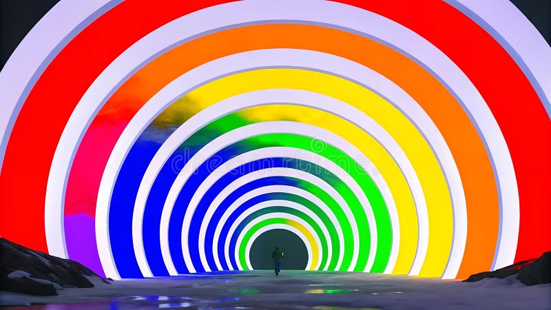 Rainbow Tunnel of Concentric Arches with Silhouetted Person Walking on ...