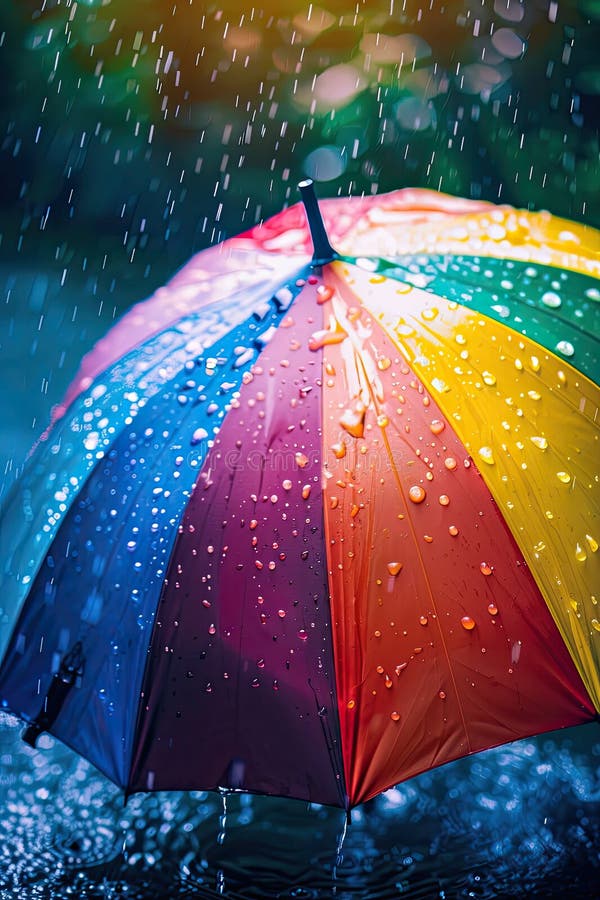 Rainbow Umbrella Dripping Water. Selective Focus Stock Photo - Image of ...