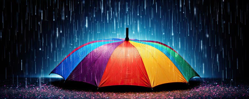 Rainbow Umbrella in Heavy Rain. Raining Protection Concept Stock ...