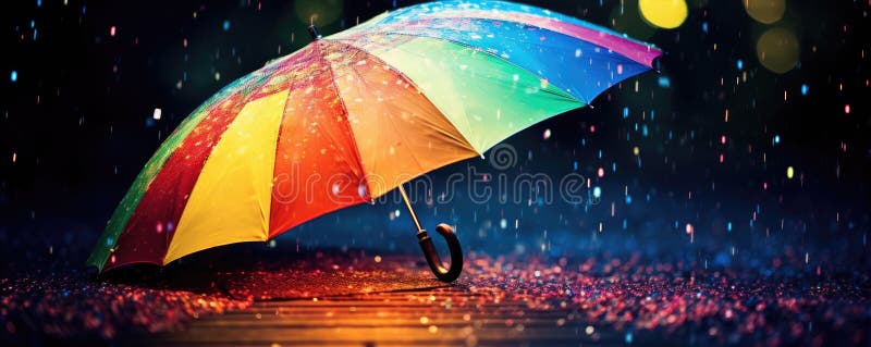 Rainbow Umbrella in Heavy Rain. Raining Protection Concept Stock ...