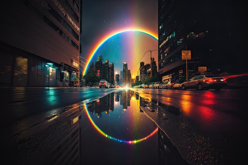 A Rainbow with a View of the City Skyline at Night, with Shining Lights ...