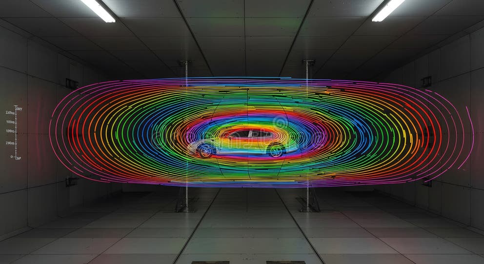Rainbow Visualization of Airflow Around a Car in a Wind Tunnel Testing ...