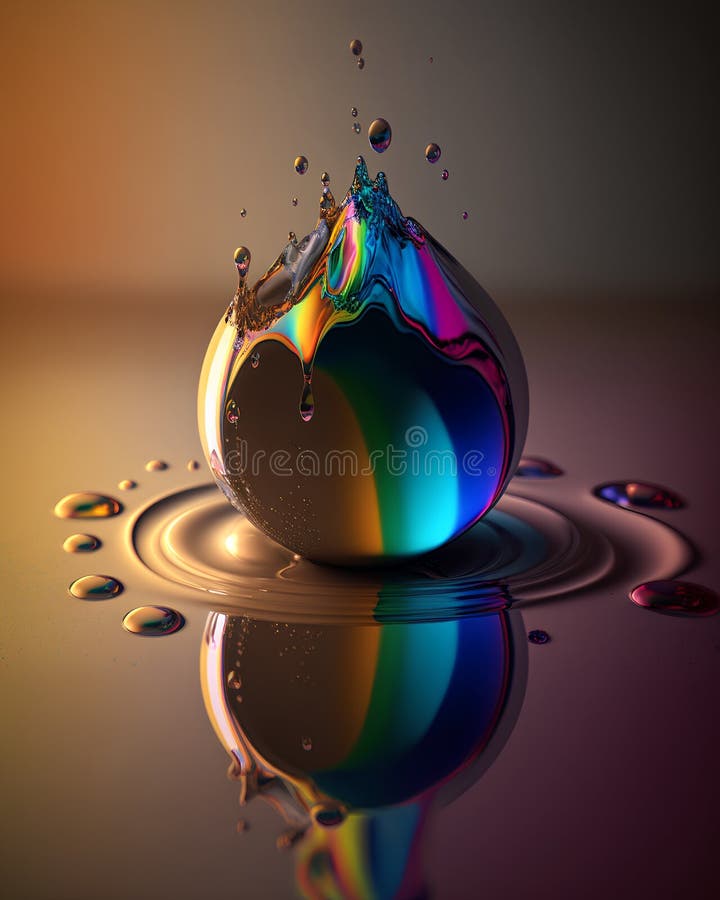 Rainbow Water Drop with Reflection on Water Surface. 3d Render Stock ...