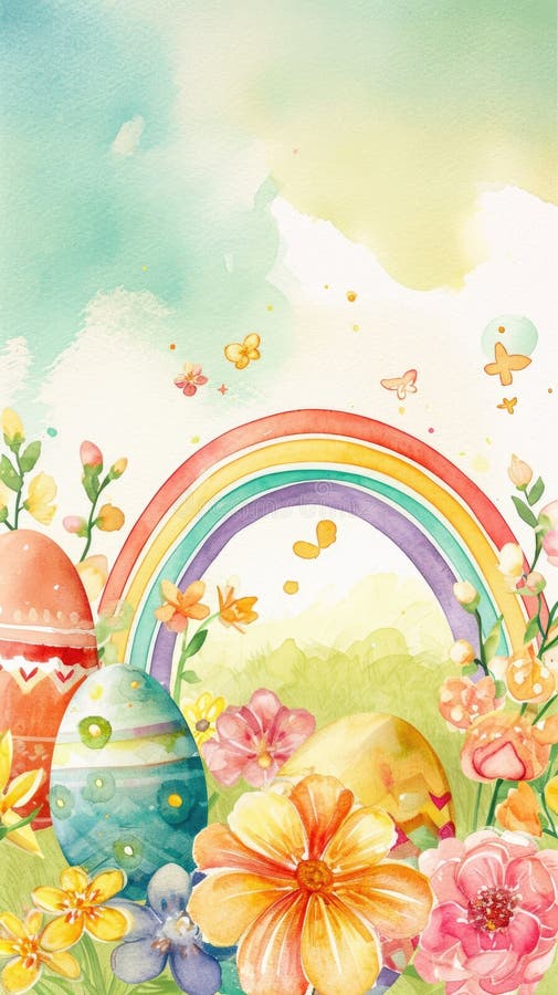 Rainbow Watercolor Easter with Butterflies. Vibrant Watercolor Easter ...