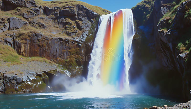 Rainbow Waterfall Cascading Down Rocky Cliffs Stock Illustration ...
