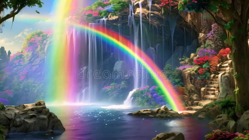 Rainbow and Waterfall in the Forest. 3d Rendering Stock Video - Video ...