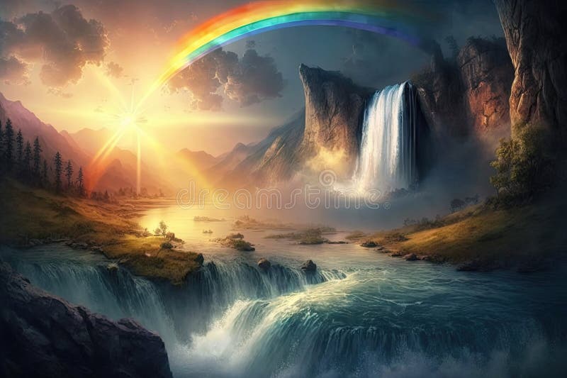 Rainbow Waterfall, with the Sun Setting Behind it, Creating a Magical ...