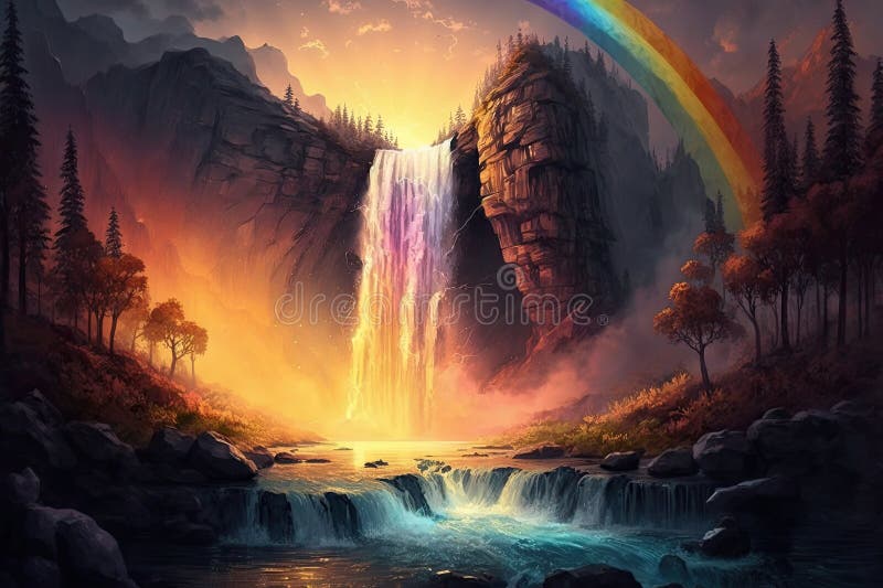 Rainbow Waterfall, with the Sun Setting Behind it, Creating a Magical ...
