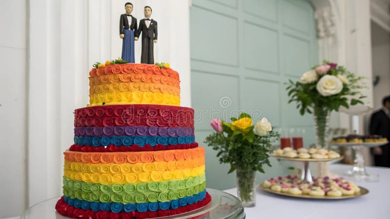 Rainbow Wedding Cake In Lgbt Style With Figures Of Two Male Grooms Stock Illustration