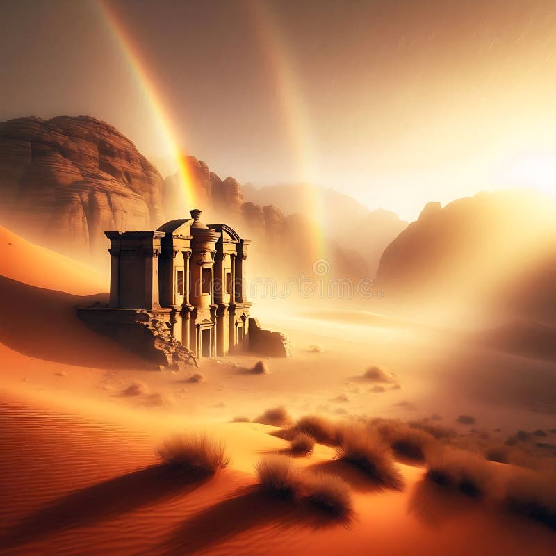 Rainbows Arch Above Desert Temple in Golden Hour Stock Photo - Image of ...