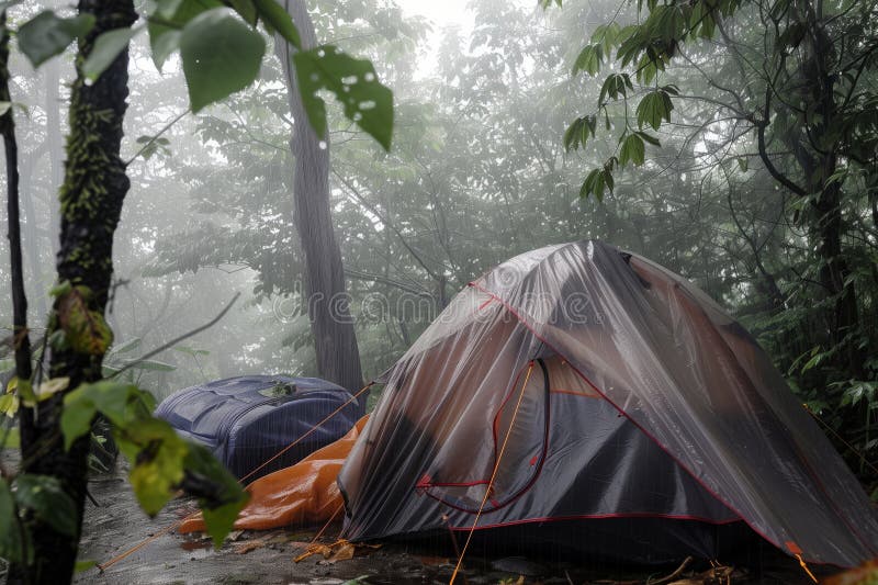 Raincovered Tent with Waterproof Tarp in a Misty Forest Setting Stock ...