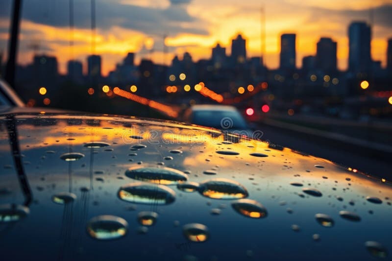 Raindrop on a Car Windshield Reflecting City Skyline Stock Photo ...