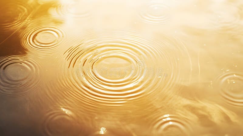 Raindrop Circles Forming Ripples on Water Golden Sunlight Stock ...