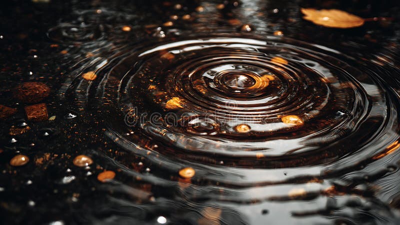 Raindrop Creating Ripples in a Dark Puddle, with Autumn Leaves and ...