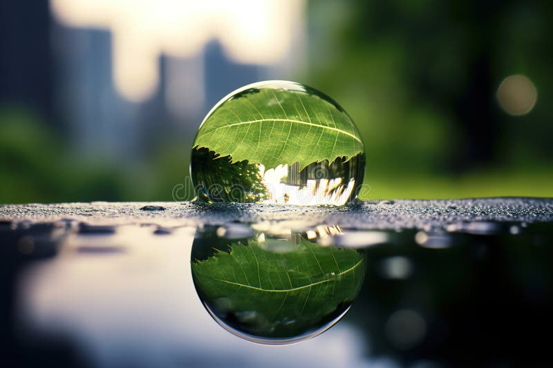 Raindrop on a Glass Sphere Reflecting a Leaf and Cityscape., Generated ...
