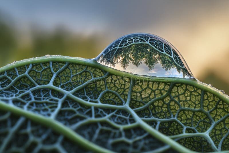 Raindrop on Leaf: Glistening Sphere Reflecting the Environment Stock ...