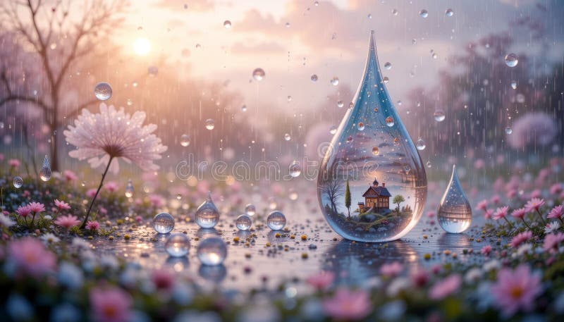 Raindrop Reflecting a Miniature Glowing World Stock Illustration ...