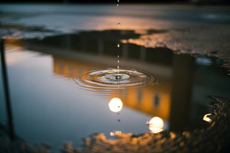 Raindrop Suspended Above Ripples Reflecting Building and Lights in ...