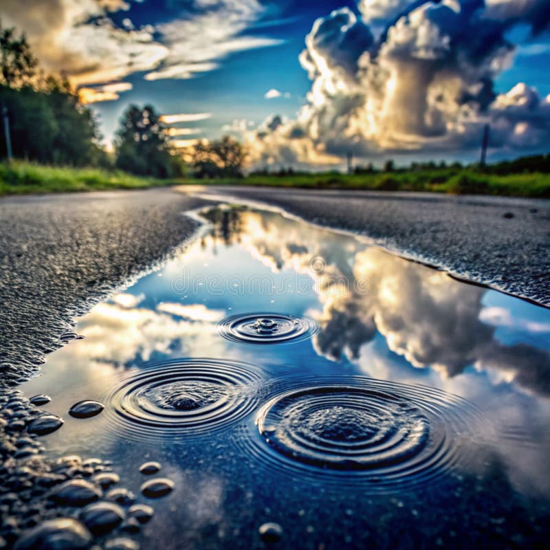Raindrops on Asphalt Puddle with Cloud Reflection Stock Illustration ...