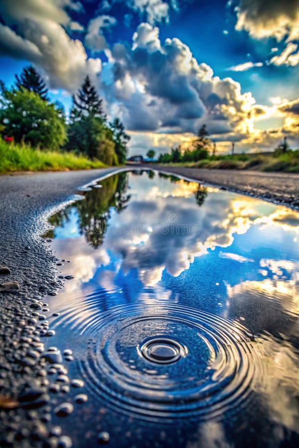 Raindrops on Asphalt Puddle with Cloud Reflection Stock Illustration ...
