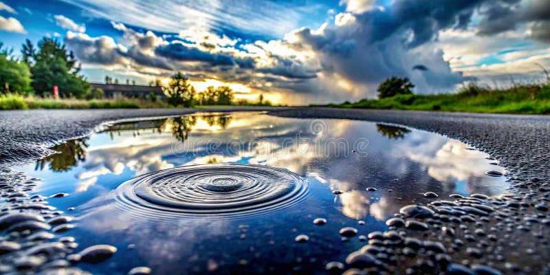 Raindrops on Asphalt Puddle with Cloud Reflection Stock Illustration ...