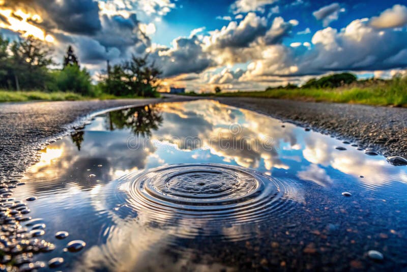 Raindrops on Asphalt Puddle with Cloud Reflection Stock Illustration ...