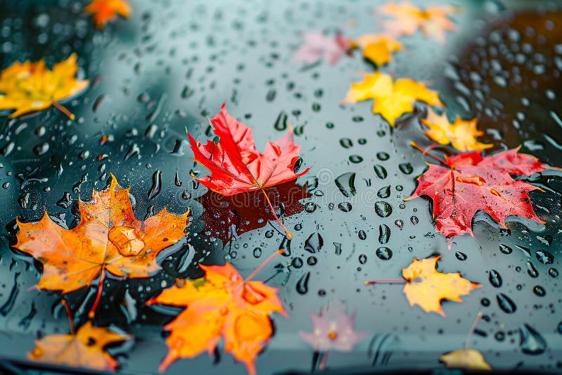 Raindrops on a Car’s Windshield with Vibrant Autumn Leaves, Capturing a ...