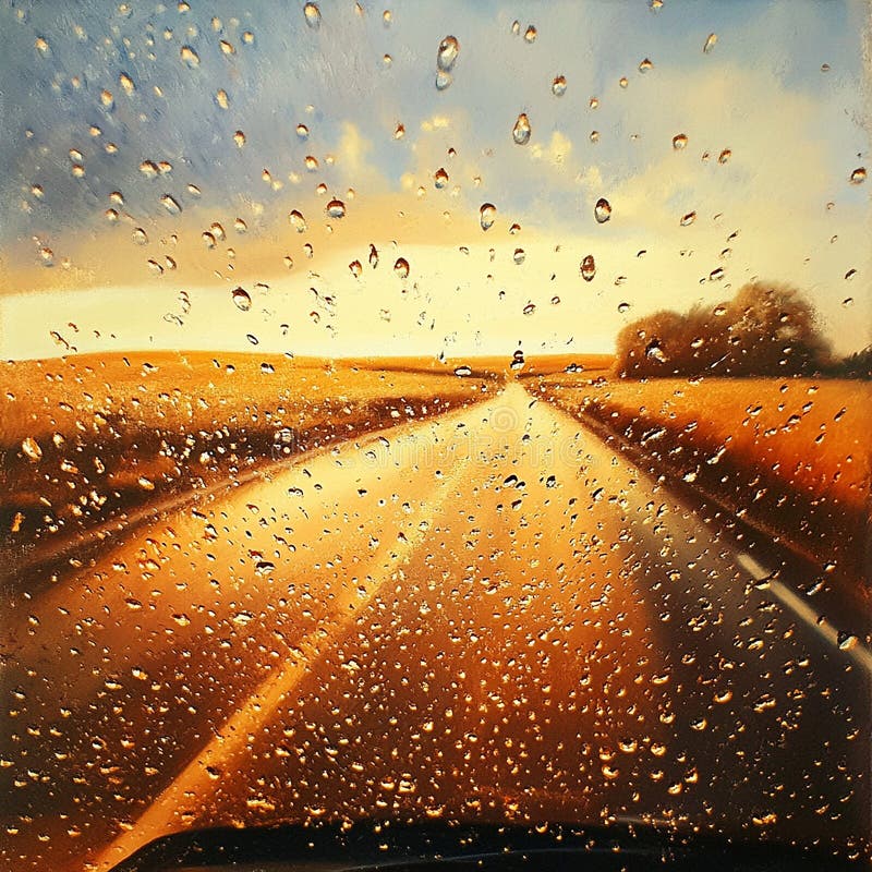 Raindrops on the Car Windscreen, Road, Drawing Sketch Hyper Realisti ...