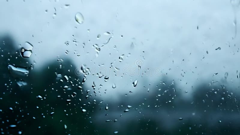 Raindrops Falling on a Window with a Blurred View of Trees and ...