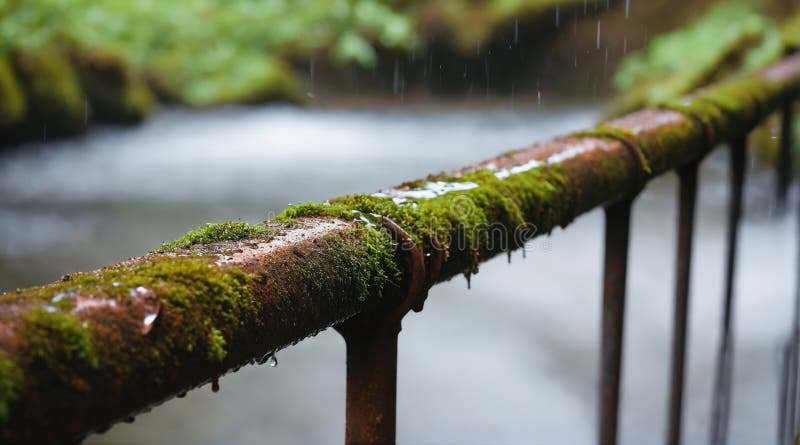 Raindrops Collect on a Moss-covered Railing beside a Serene River in a ...