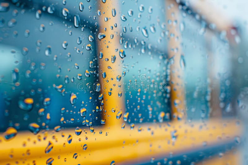 Raindrops Create a Shimmering Effect on a School Bus Window during a ...
