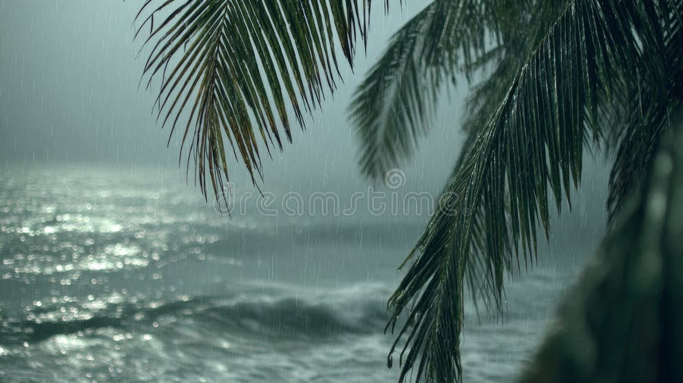 Raindrops Fall on Ocean Waves while Palm Trees Sway in a Tropical Beach ...