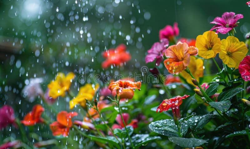 Raindrops Falling on Colorful Spring Flowers in a Garden Stock Image ...