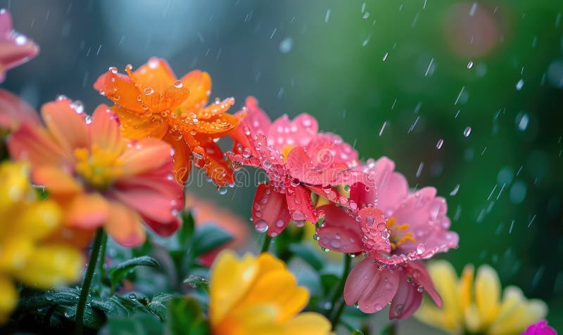 Raindrops Falling on Colorful Spring Flowers in a Garden Stock Image ...