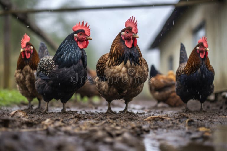 Raindrops Falling on Hens Pecking at a Muddy Ground Stock Illustration - Illustration of poultry ...