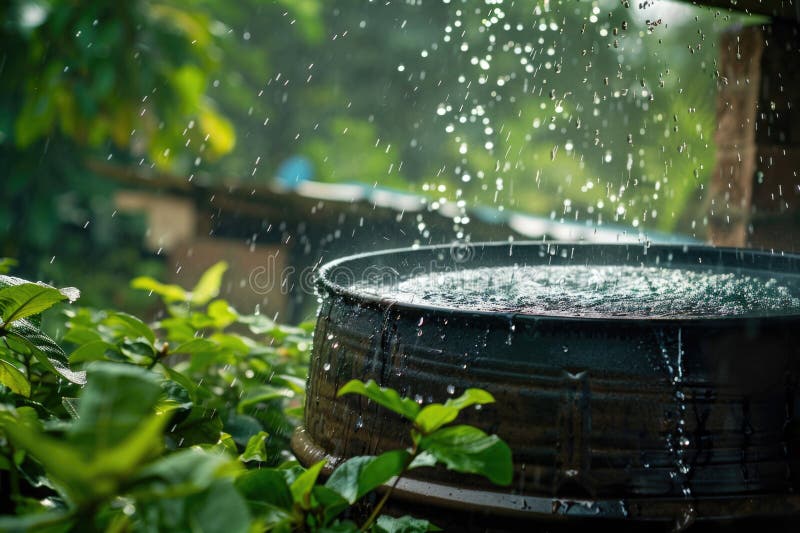 Raindrops Falling on an Old, Rustic Water Barrel in a Lush Garden, with ...