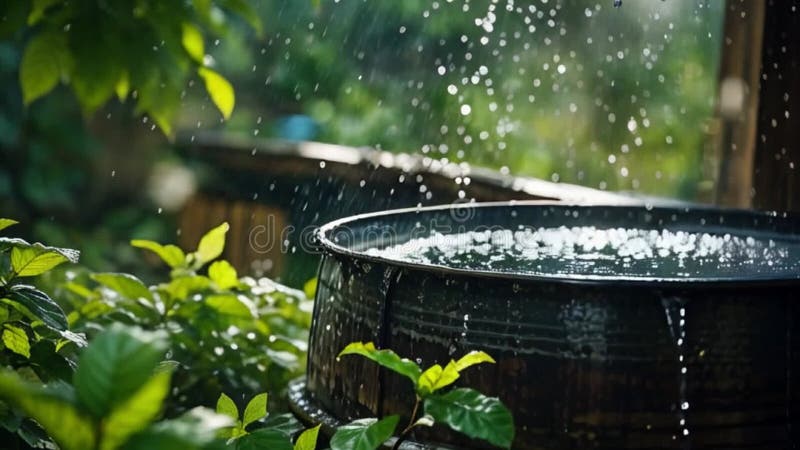 Raindrops Falling on an Old, Rustic Water Barrel in a Lush Garden, with ...