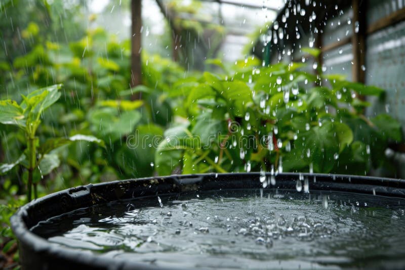 Raindrops Falling on an Old, Rustic Water Barrel in a Lush Garden, with ...