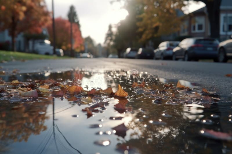 Raindrops Falling on a Puddle Causing Small Splashes Stock Photo ...
