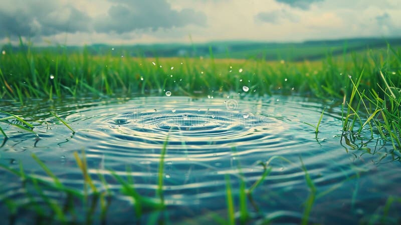 Raindrops Falling into a Puddle Surrounded by Lush Green Grass in a ...
