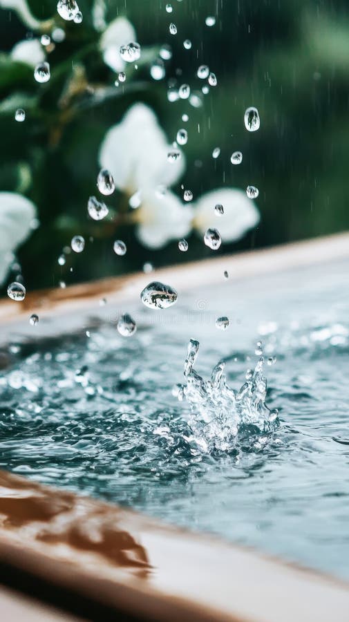 Raindrops Falling into Water Creating a Splash with Blurred Flowers in ...