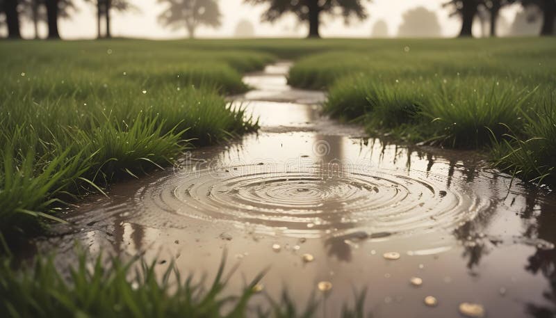 Raindrops Falling on a Wet Surface, Creating Splashes and Ripples in a ...