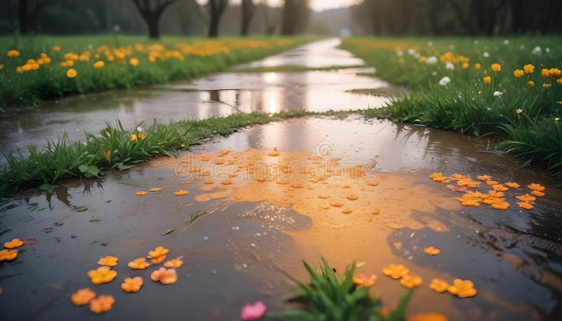 Raindrops Falling on a Wet Surface, Creating Splashes and Ripples in a ...