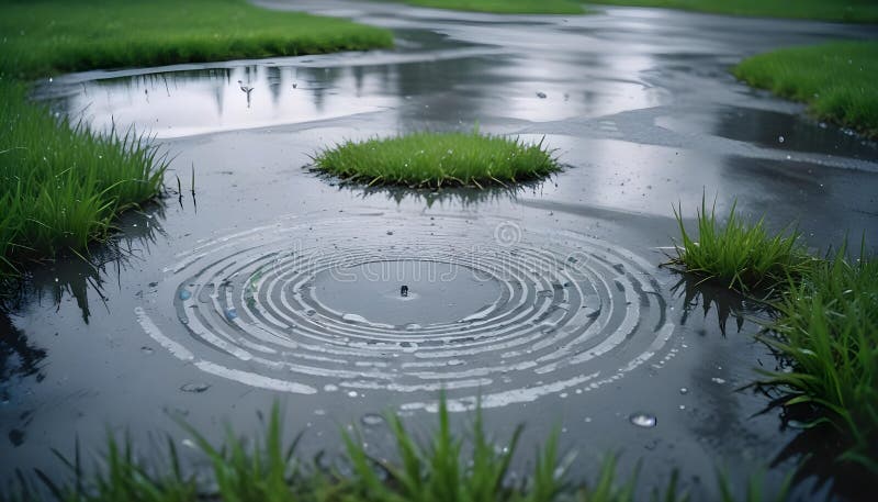 Raindrops Falling on a Wet Surface, Creating Splashes and Ripples in a ...