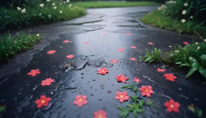 Raindrops Falling on a Wet Surface, Creating Splashes and Ripples in a ...