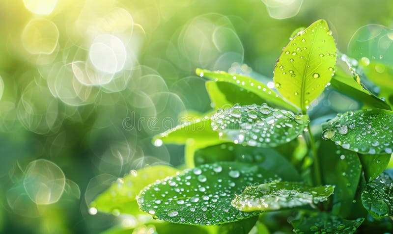 Raindrops on Fresh Green Leaves, Close Up View of Spring Green Leaves ...