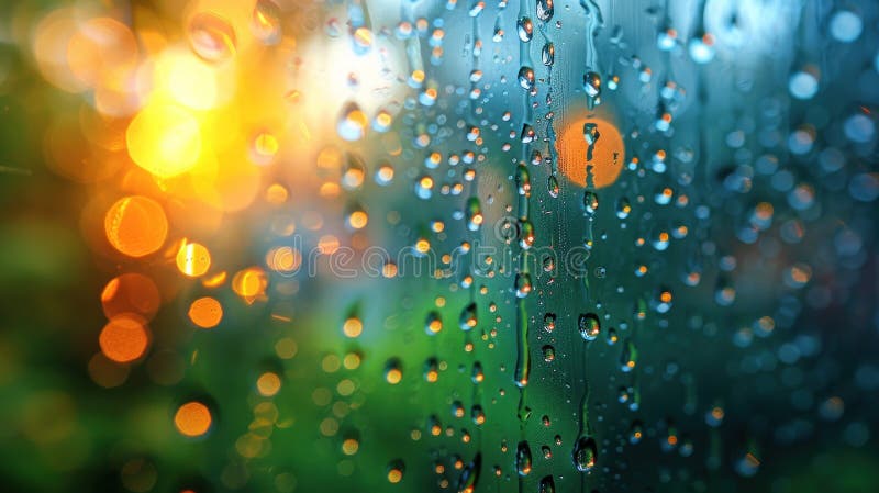 Abstract with Raindrops on Glass, Light is Reflected in the Droplets ...