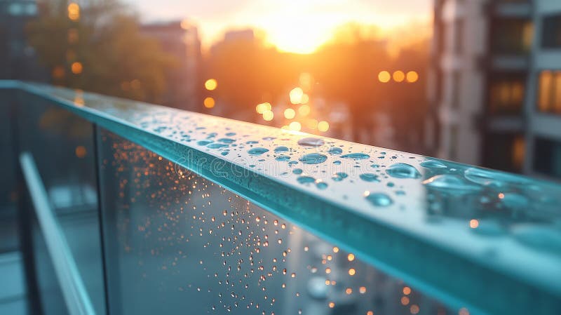 Raindrops on a Glass Railing at Sunset in the City Stock Image - Image ...